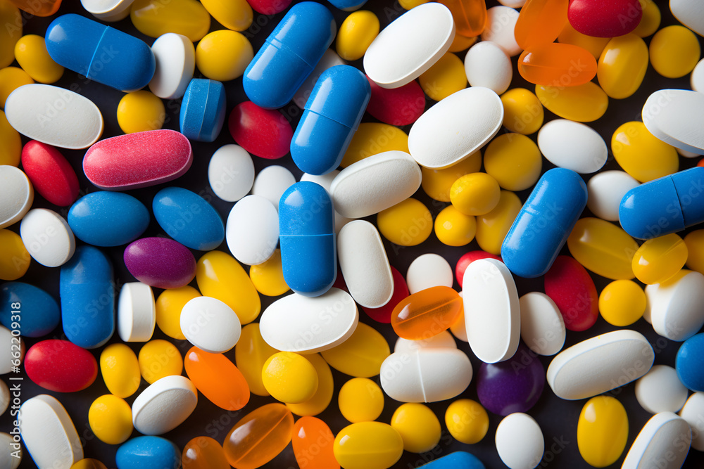 Background with many different medications of different colors and ...