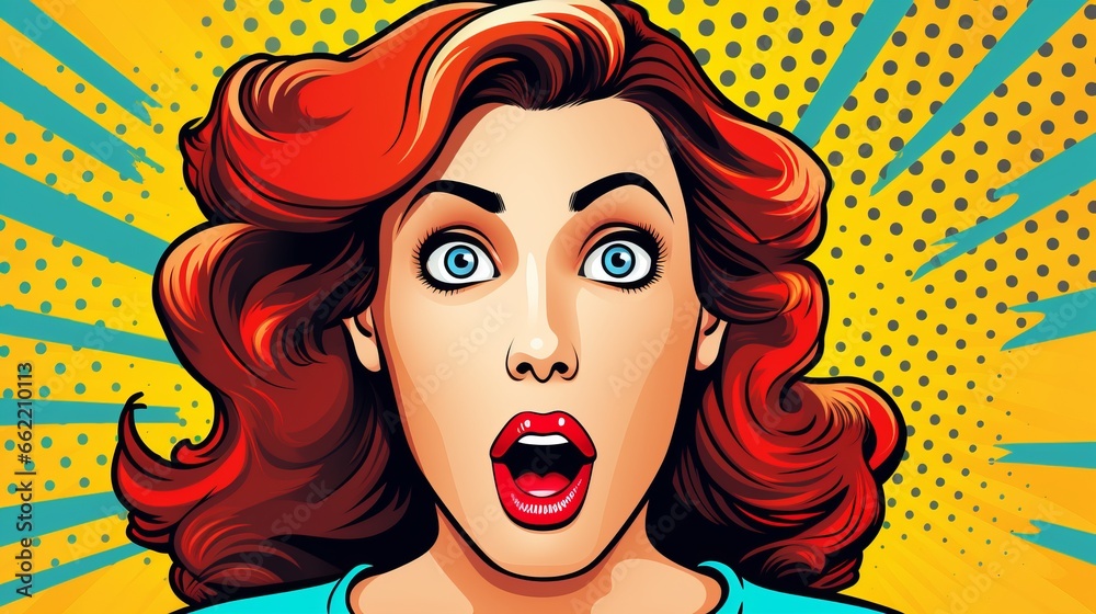 Vivid portrait of surprised woman in retro pop art style captures her ...