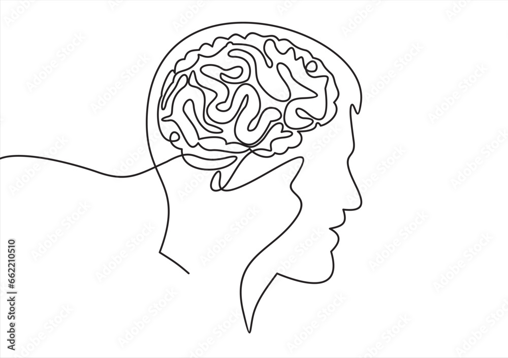 One continuous line drawing of human head with smart brain inside from ...
