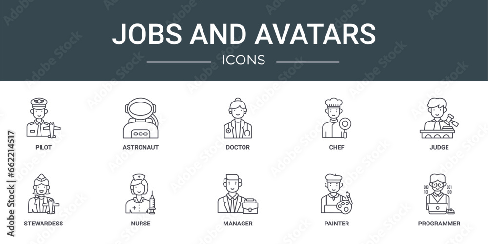 set of 10 outline web jobs and avatars icons such as pilot, astronaut ...