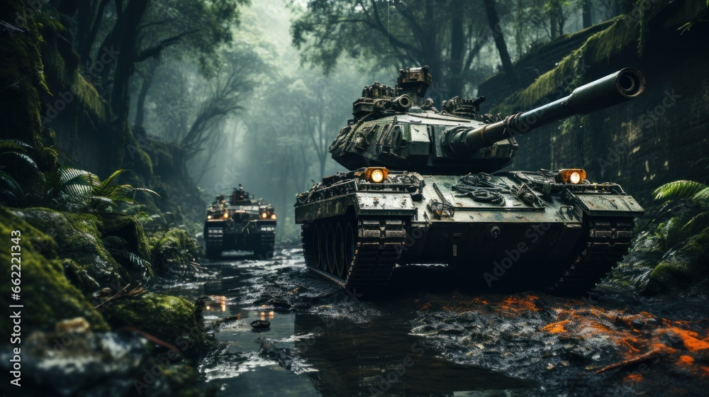 View of a tank with missile launchers and heavy cannons patrolling the ...