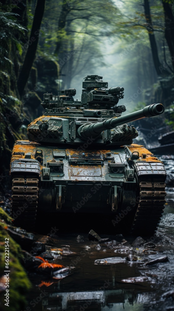 View of a tank with missile launchers and heavy cannons patrolling the ...