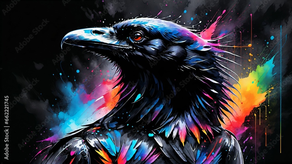 AI generated illustration of a crow in a paint splash art style Stock ...