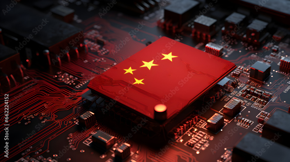 Microchip With Chinese Flag On It High End Computer Motherboard The Flags Presence Is A