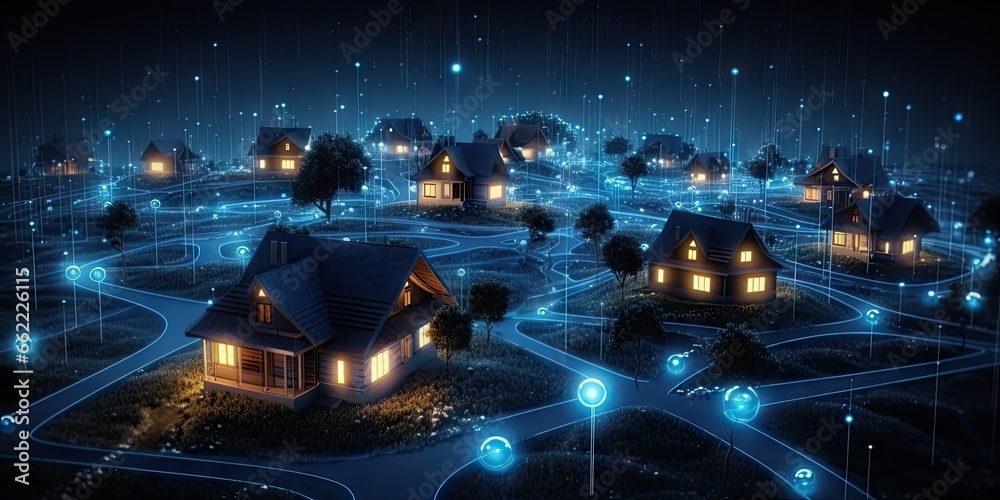 Digital technology internet network and modern housing design. Blue ...