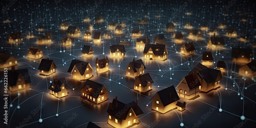 Digital technology internet network and modern housing design. Blue ...