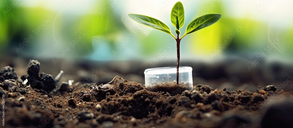 Microscopic examination of soil sample with young plant With copyspace ...