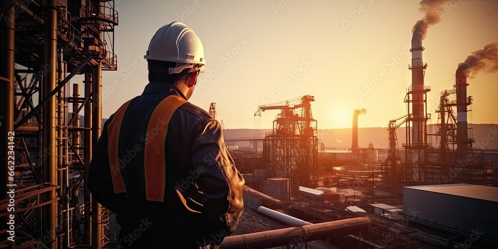 Skilled industrial engineer supervising refinery at sunset. Safety ...