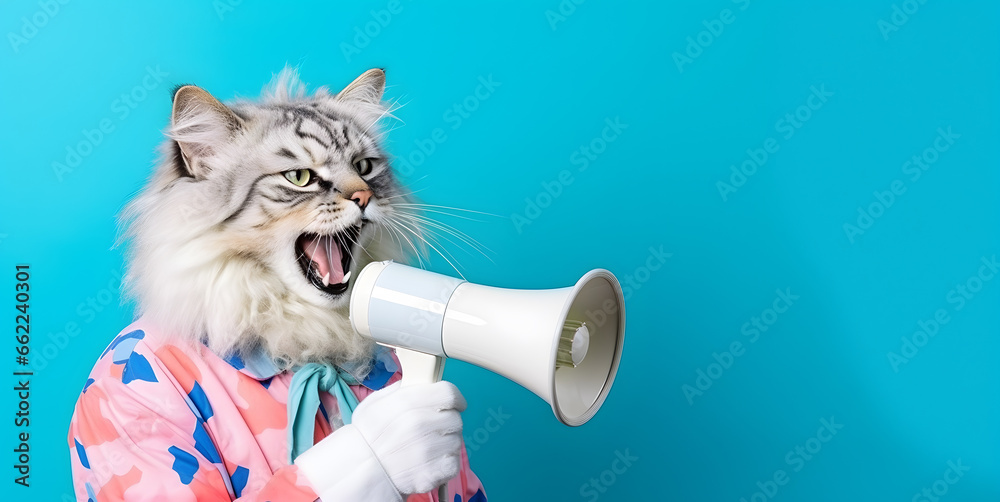 Cat announcing using hand speaker. Notifying, warning, announcement ...