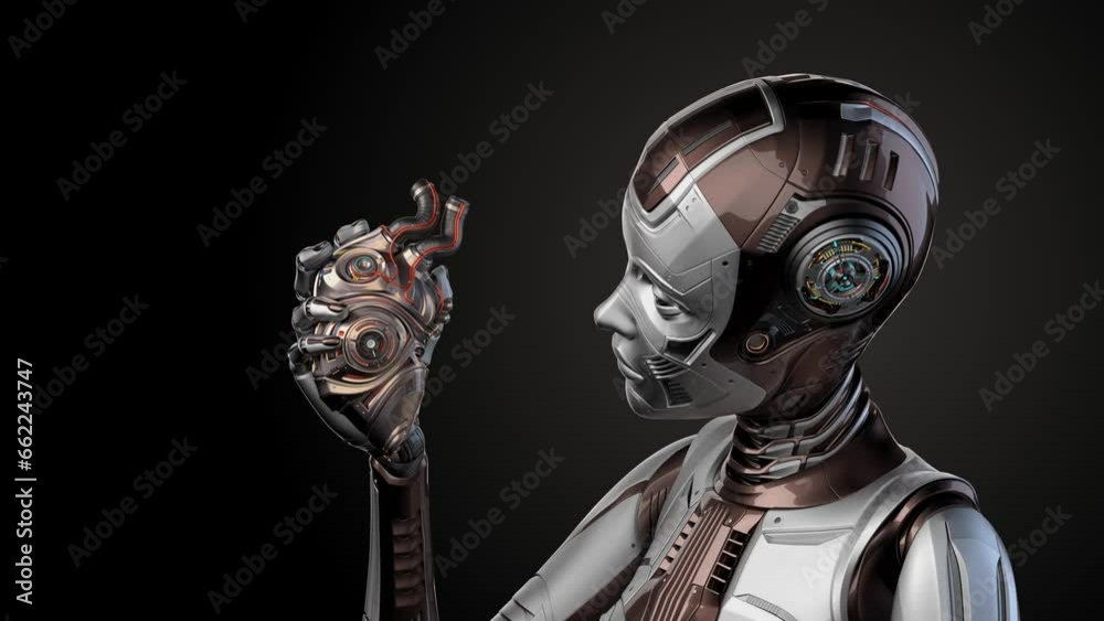 Robot woman holds detailed artificial heart or cyber girl shows ...