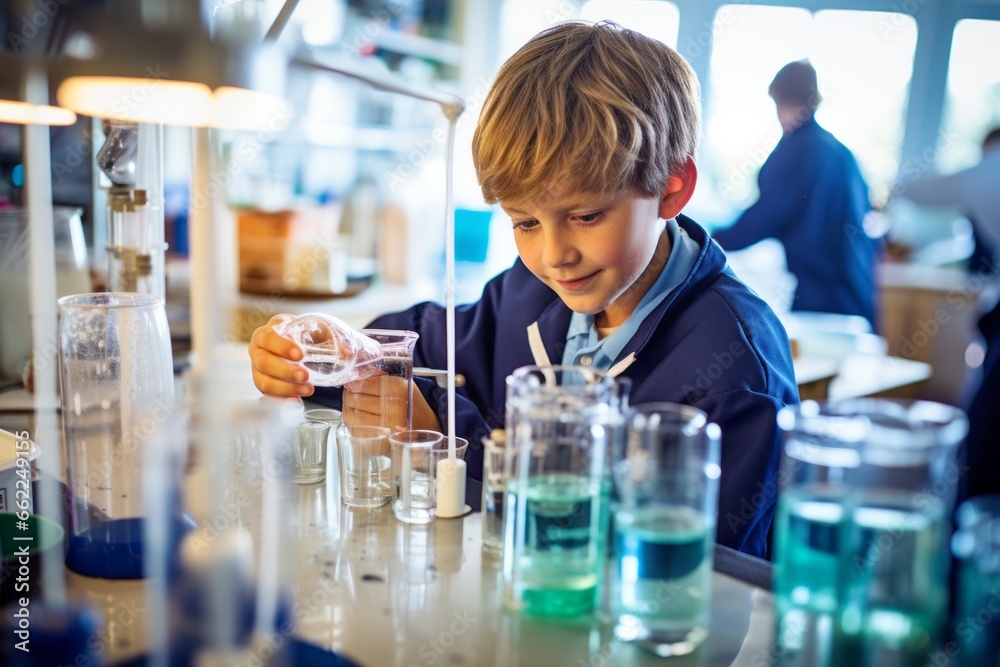 A schoolboy conducting a science experiment in a well-equipped ...