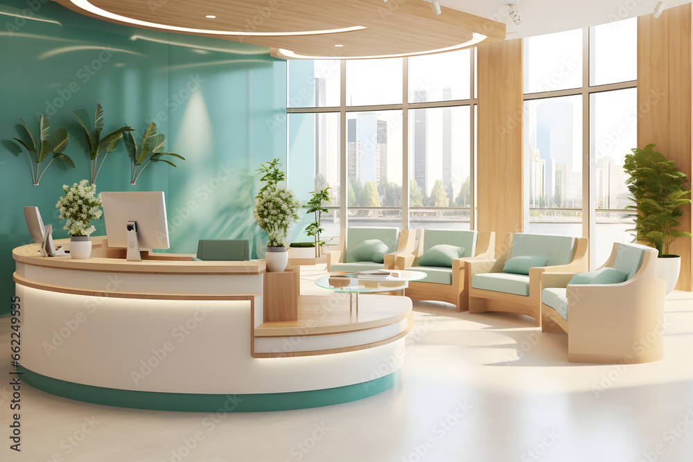 interior scenes rounded medical reception. Waiting area and reception ...