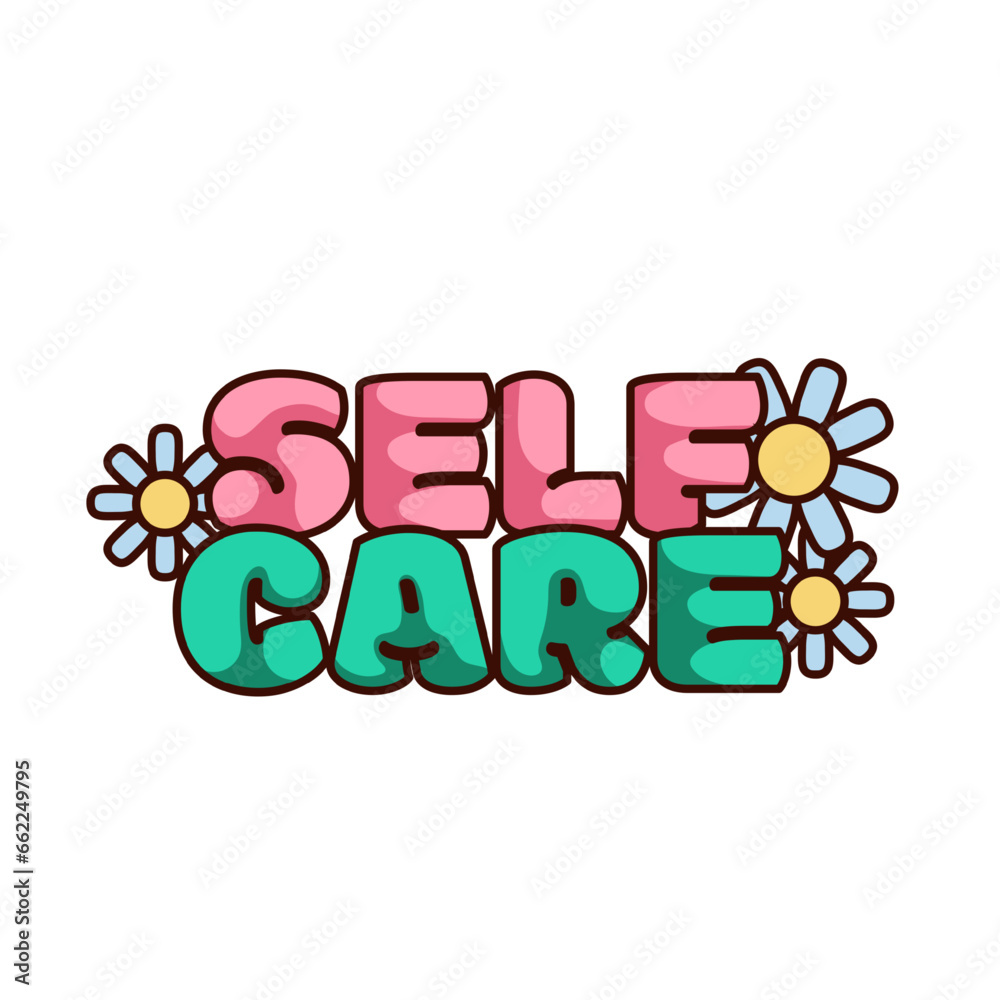 Vetor de Groovy sticker with Self Care lettering vector illustration ...