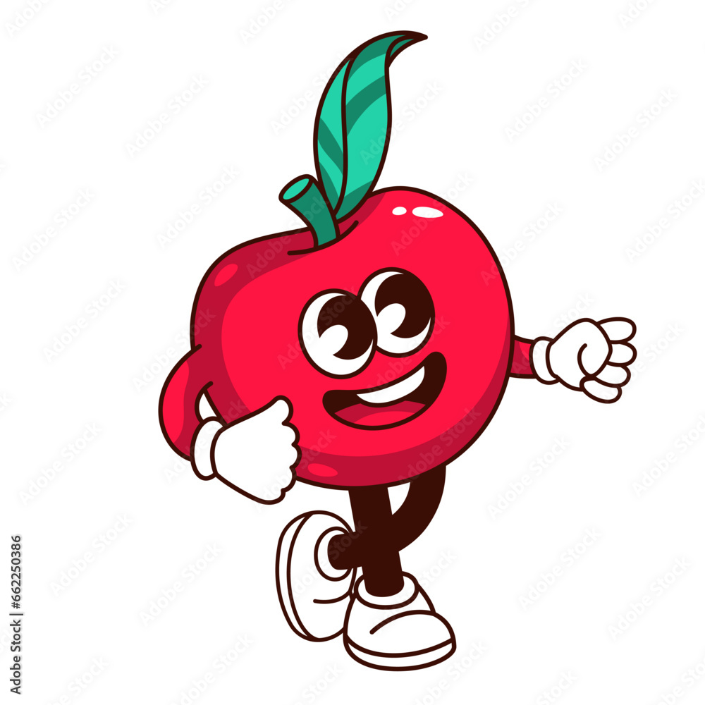 Groovy apple character vector illustration. Cartoon isolated cute retro ...