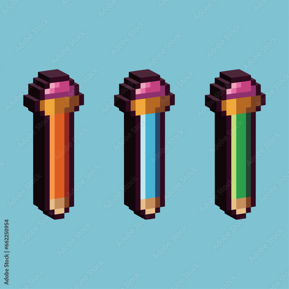 Isometric Pixel art 3d of pencil for items asset. Pencil on pixelated ...