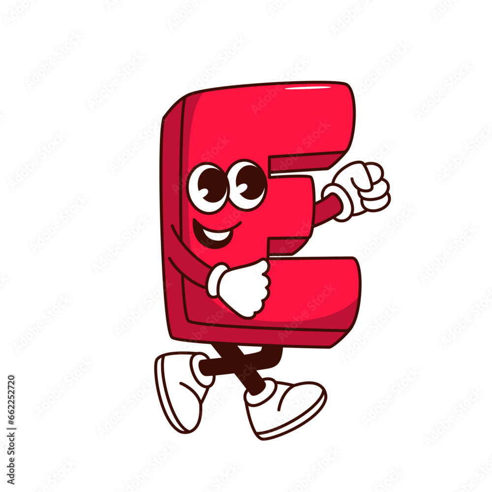 Groovy letter E character vector illustration. Cartoon isolated cute ...