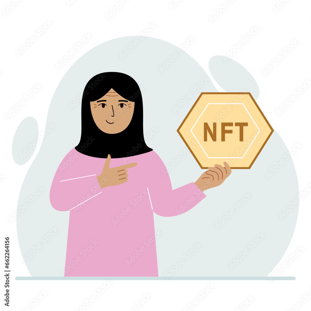 NFT concept. The muslim woman is holding nft in his hand. Works of art ...