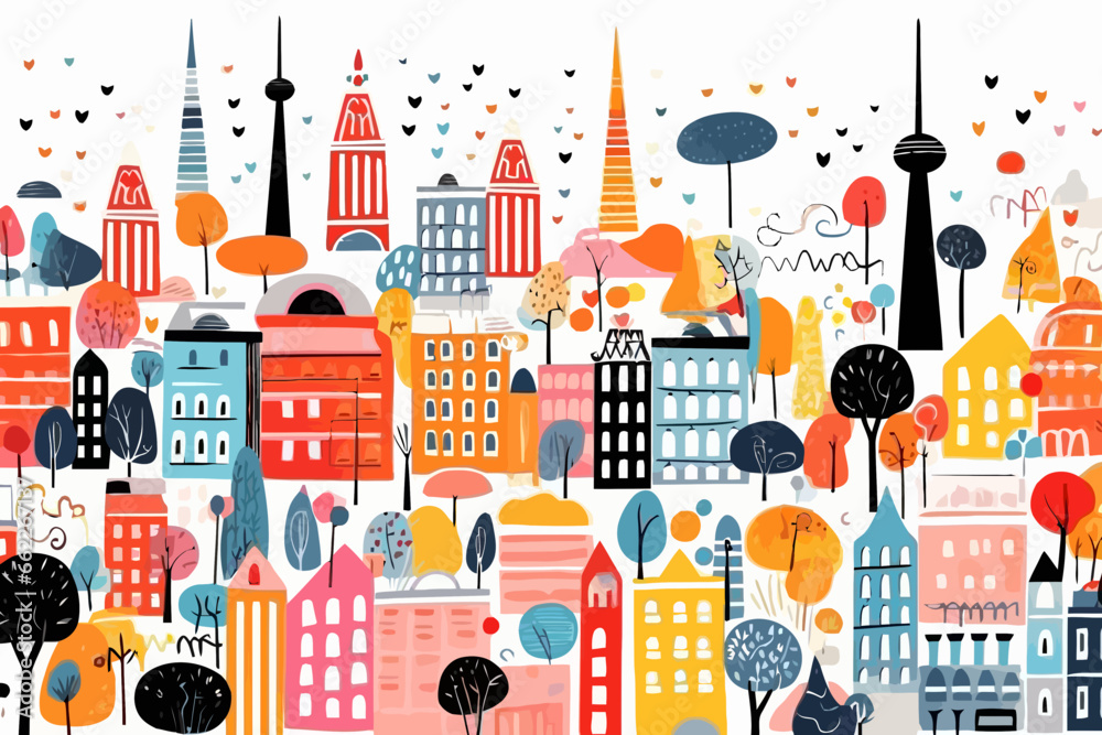 Berlin skyline quirky doodle pattern, wallpaper, background, cartoon ...