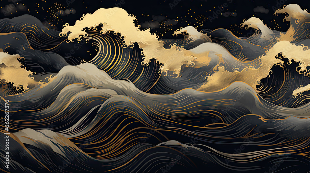 Wallpapers and textile patterns vintage a gold wave pattern on a black ...