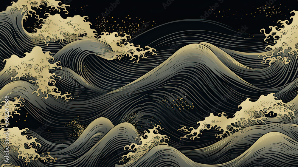 Wallpapers and textile patterns vintage a gold wave pattern on a black ...