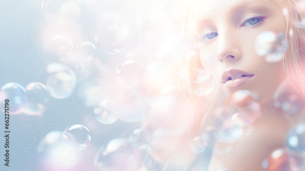 Beautiful young woman with a fair face and smooth skin. Blur background ...