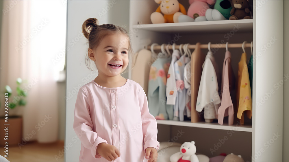 Cute little girl in children room on the background of closet with a ...