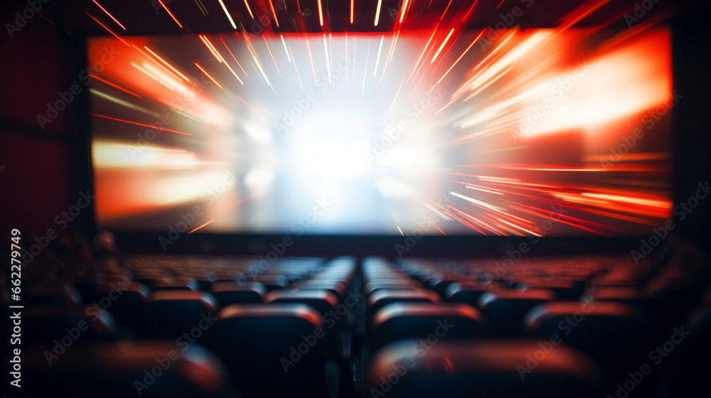 A cinema screen with the credits rolling after the film, blurred ...