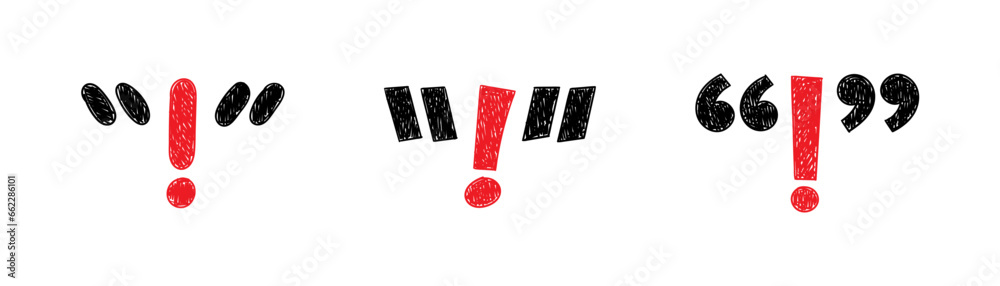 hand drawn quotation mark and exclamation point set. three-step double ...