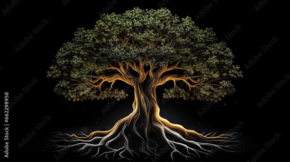 a painting of a tree with its roots exposed and glowing. generative ai ...