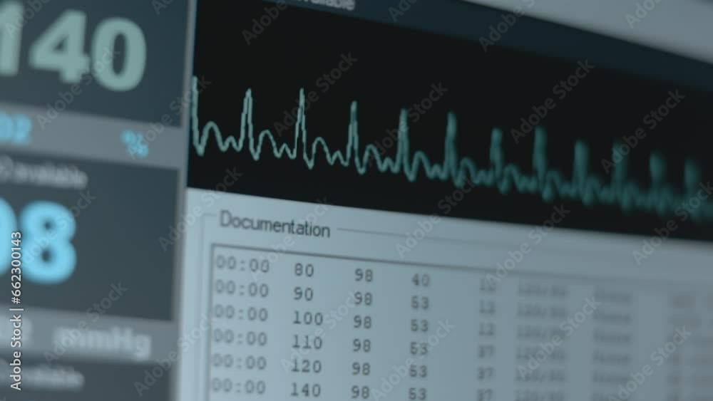 Close-up view of the screen of patient monitor displays vital signs ECG ...