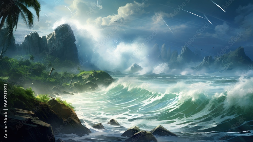 Tropical island during a fierce storm, with crashing waves, torrential ...