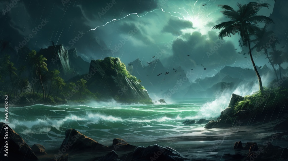Tropical island during a fierce storm, with crashing waves, torrential ...