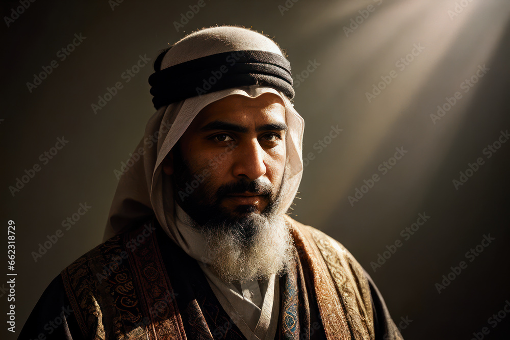 Portrait of the of the old age, bearded Arab man wearing traditional ...