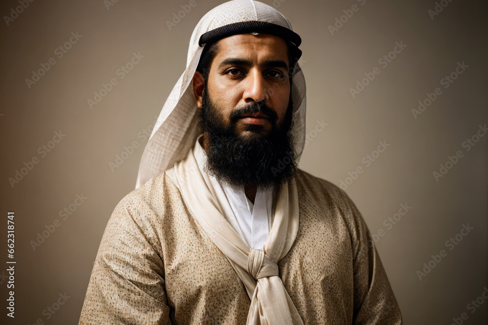 Portrait of the of the old age, bearded Arab man wearing traditional ...