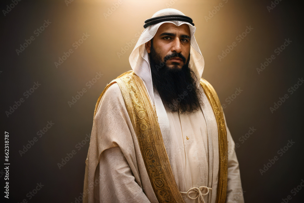 Portrait of the of the old age, bearded Arab man wearing traditional ...