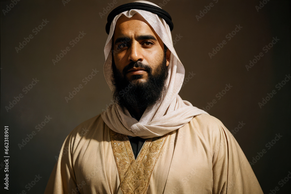 Portrait of the of the old age, bearded Arab man wearing traditional ...