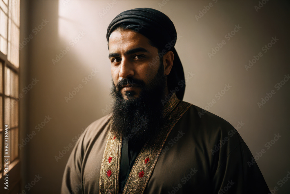 Portrait of the of the old age, bearded Arab man wearing traditional ...