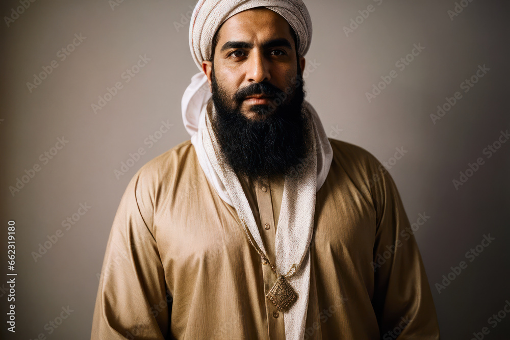 Portrait of the of the old age, bearded Arab man wearing traditional ...