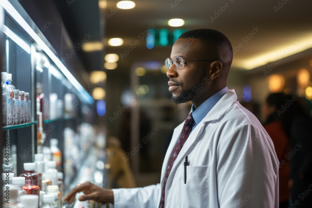 African pharmacist looking at shelves with medicines choosing medicine ...