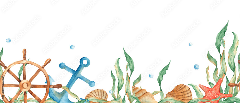 Horizontal watercolor sea, marine seamless border pattern. Nautical ...