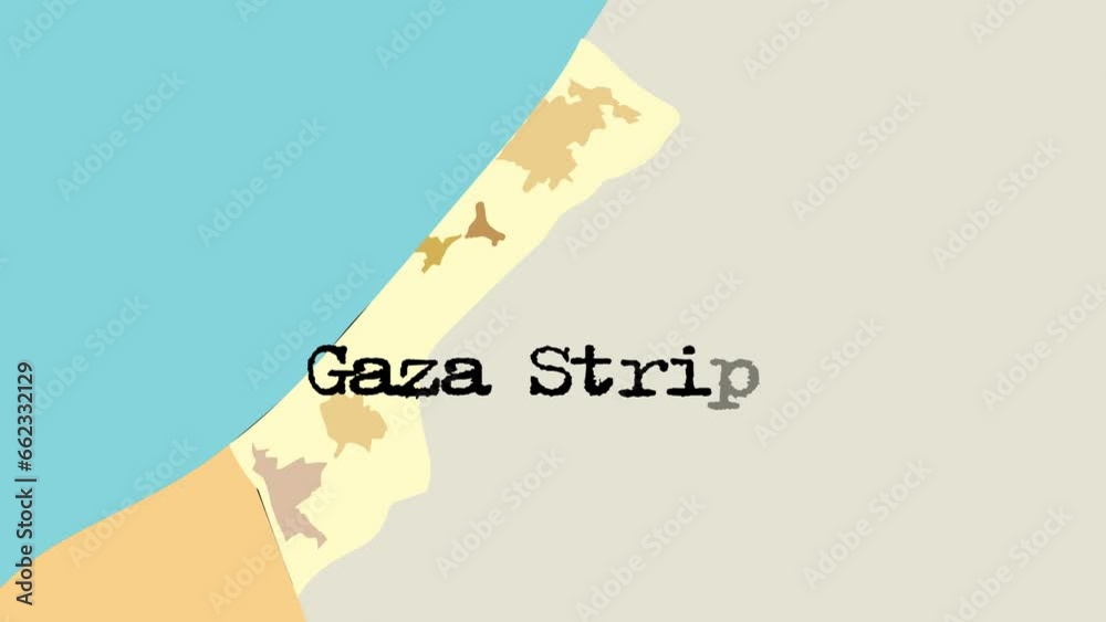 Gaza Strip, drawn map with animated cities. Surrounding regions of ...
