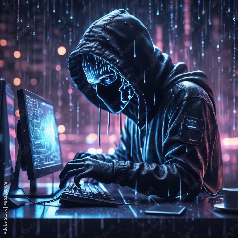hacker in hoodie and laptop with abstract code code background. cyber crime concept. 3d ...