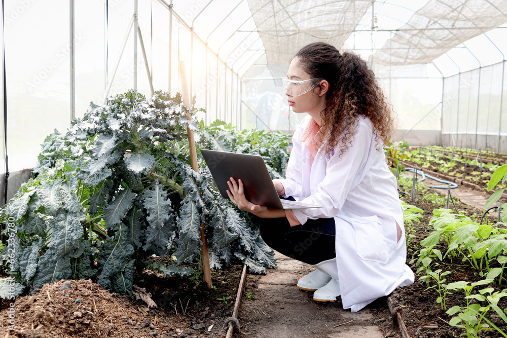 Beautiful Asian botanist scientist woman in lab coat holds laptop ...