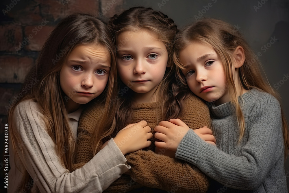 Sad depressed desperate grieving crying children with folded hands and ...