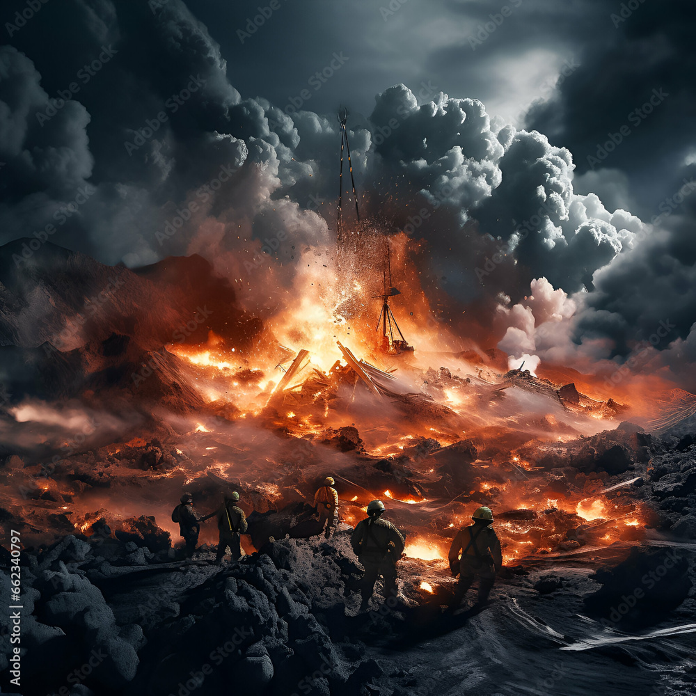 A group of rescuers stands against a backdrop of billowing volcanic ...