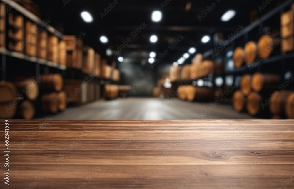 Product display montage with an empty wooden table and a blurry ...