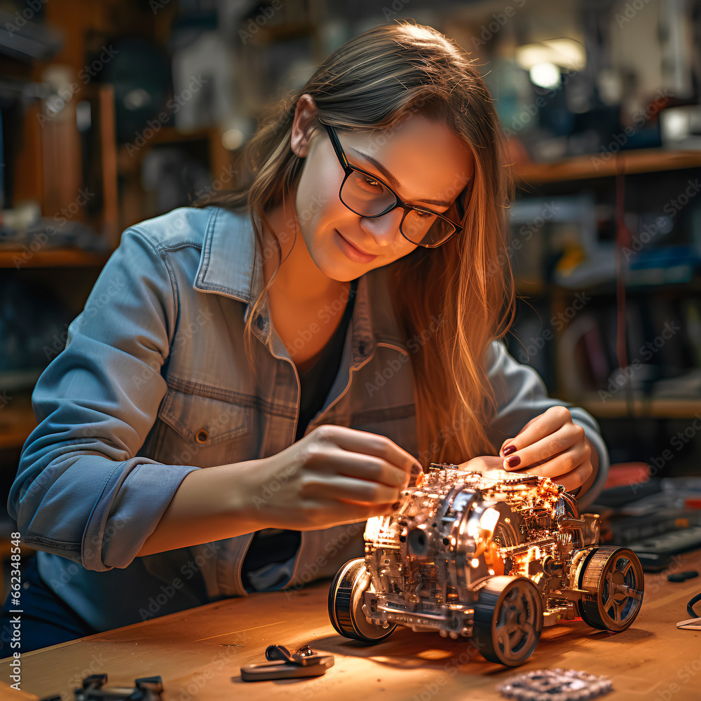 young woman inventor creating a new invention. Person fixing an ...