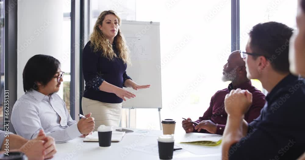 Business woman, presentation and leadership with team in office for ...