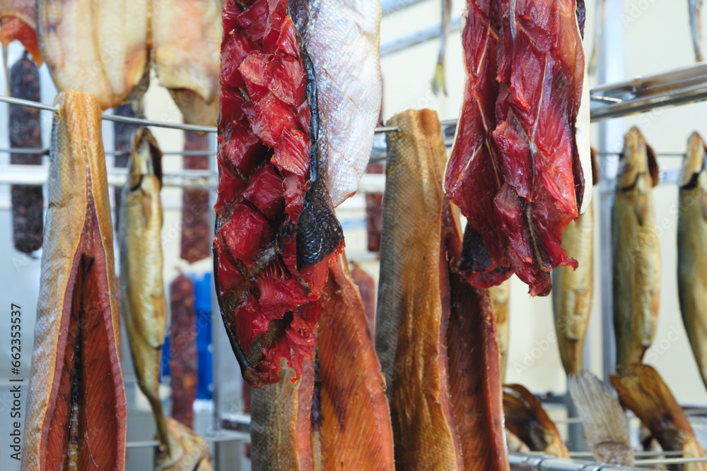 Smoking Process Fish. Fish processing smoking. Mackerel Fish smoked in ...