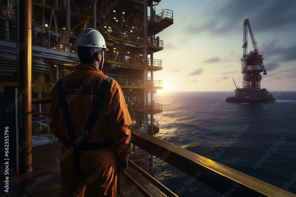 With the ocean stretching to the horizon, a male engineer on the rig's ...